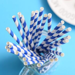 YAOSHENG Paper Straws for drinking, 100 Pack Blue Striped paper straws for Party Supplies,Birthday,Wedding,Bridal/Baby Shower,Juice, shakes,Smoothies,cocktail (Blue)