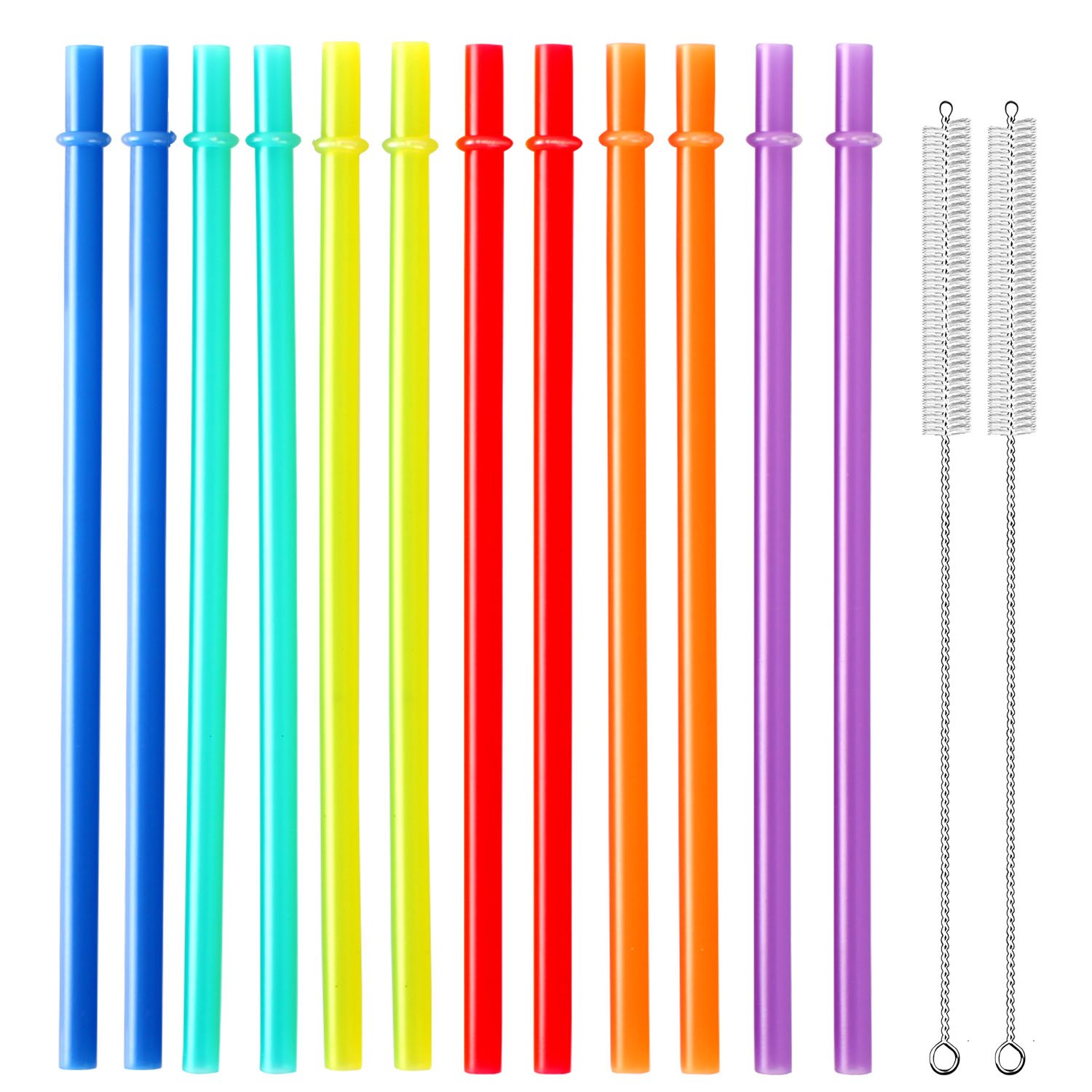 32 Pieces Reusable Plastic Straws Fit for Mason Jars, Tumblers, 10.25 Inches Extra Long Rainbow Colored Unbreakable Drinking Straws with 2 Cleaning Brushes, BPA Free and Eco Friendly