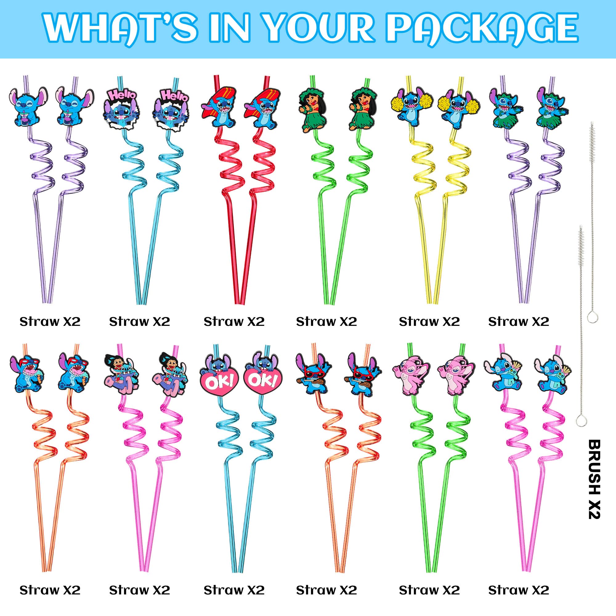 24Pcs Party Favors Reusable Drinking Straws, 12 Designs Cartoon Birthday Party Supplies with 2 Cleaning Brush