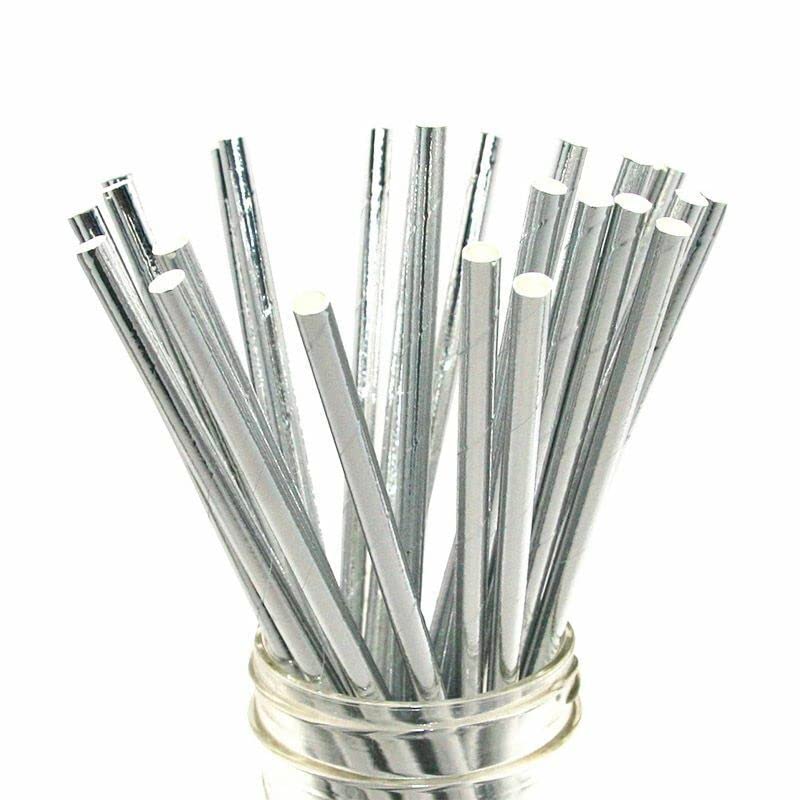 Shining Silver Paper Straws For Drinking, Silver Straws, Sliver Solid Paper Drinking Straws for Drinking Juice, 100 Metal Straws Silver