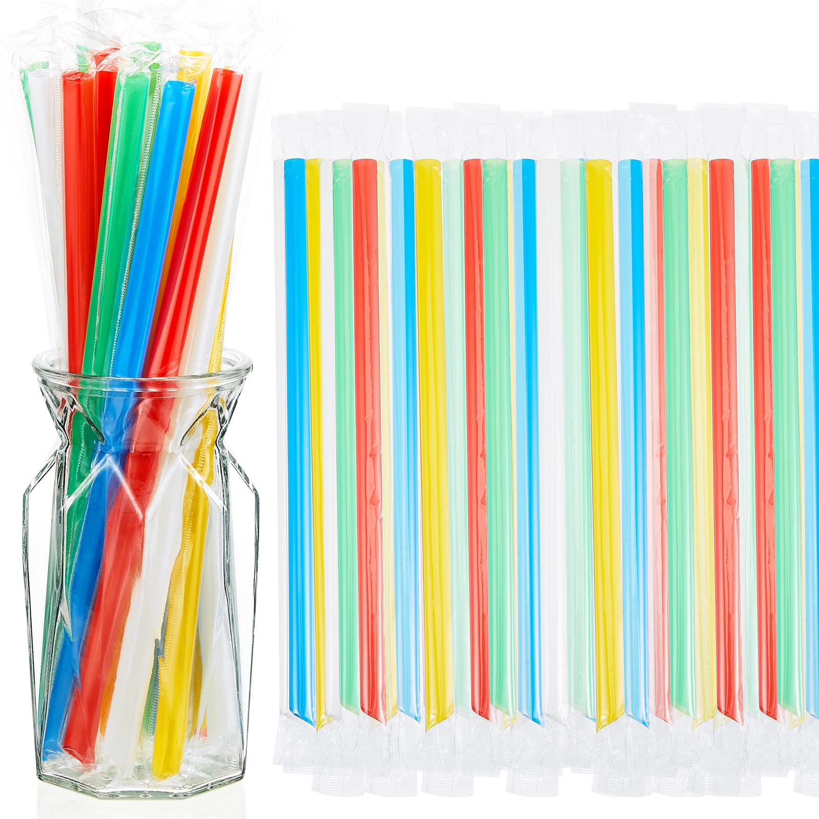 Tessco 600 Pcs Smoothie Straws Boba Straw Bulk Disposable Bubble Tea Straws Plastic Individually Wrapped Colorful Large Straws for Tall Homemade Milkshakes 0.43 x 9.84 Inch