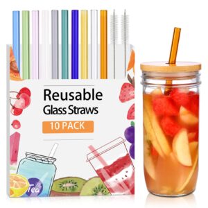 [10 pcs] reusable glass straws shatter resistant - 9" x 10 mm eco friendly multicolor drinking reusable straws with 2 cleaning brushes for coffee,milkshakes,juice drinks