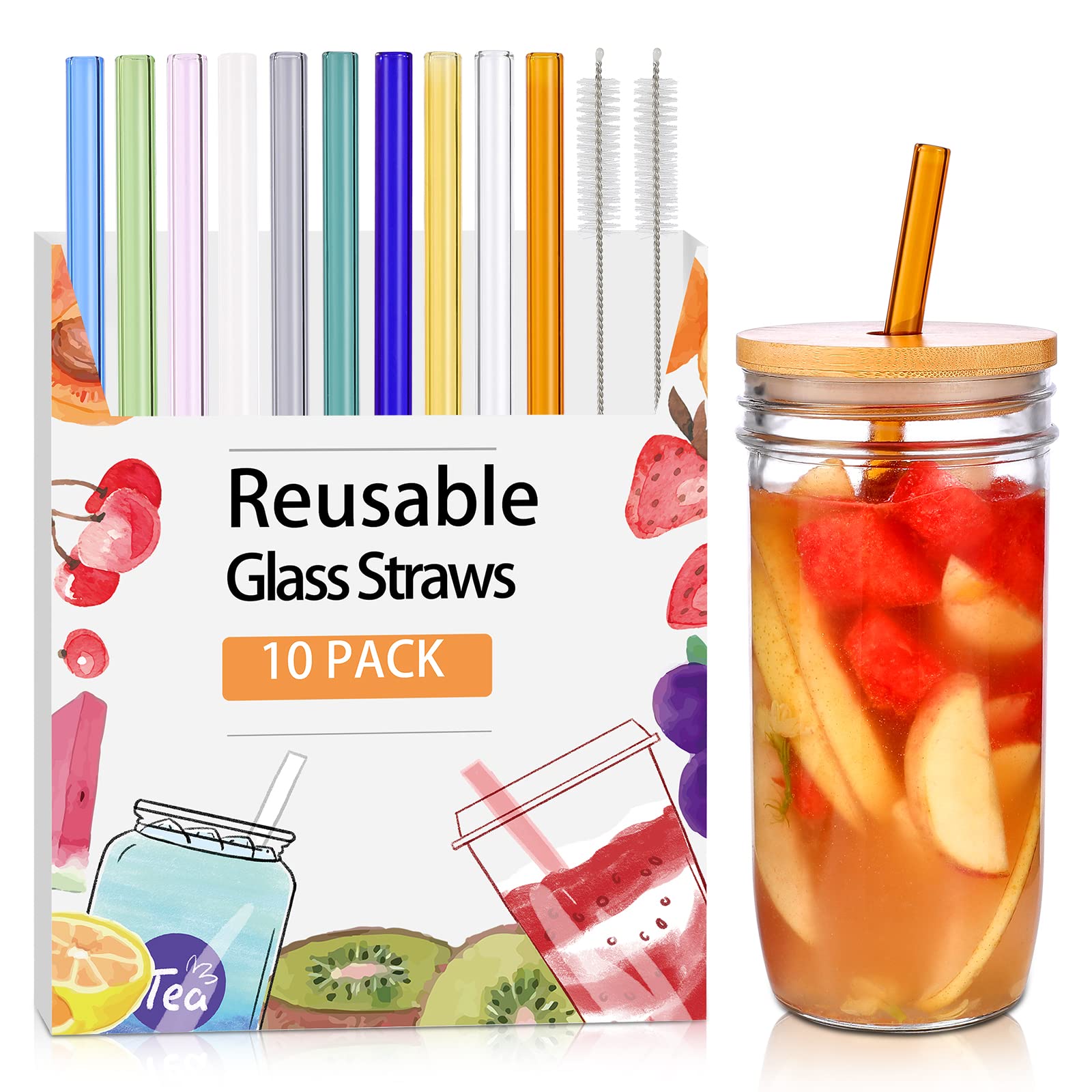 [10 Pcs] Reusable Glass Straws Shatter Resistant - 9" x 10 mm Eco Friendly Multicolor Drinking Reusable Straws With 2 Cleaning Brushes for Coffee,Milkshakes,Juice Drinks