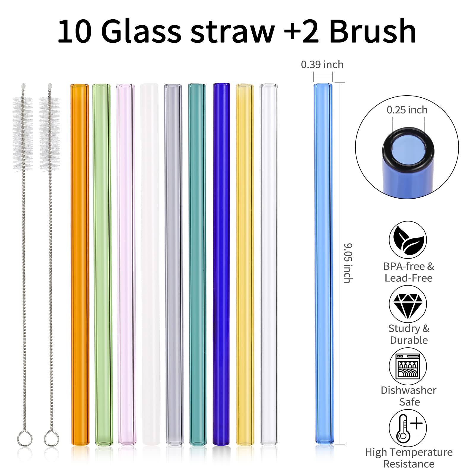 [10 Pcs] Reusable Glass Straws Shatter Resistant - 9" x 10 mm Eco Friendly Multicolor Drinking Reusable Straws With 2 Cleaning Brushes for Coffee,Milkshakes,Juice Drinks