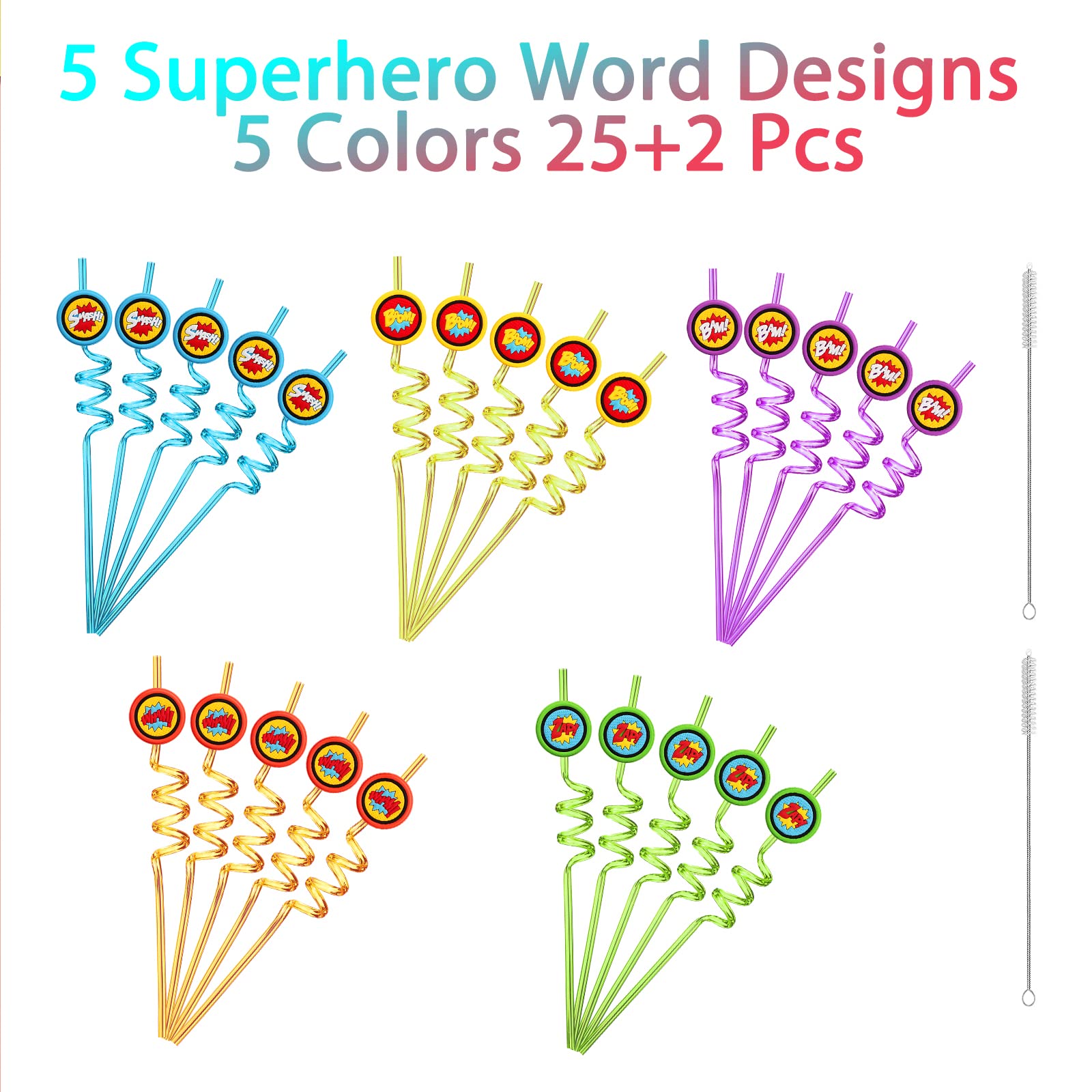 24 Superhero Word Drinking Plastic Straws 6 Designs Great for Birthday as Superhero Party Favors and Party Supplies with 2 Cleaning Brush