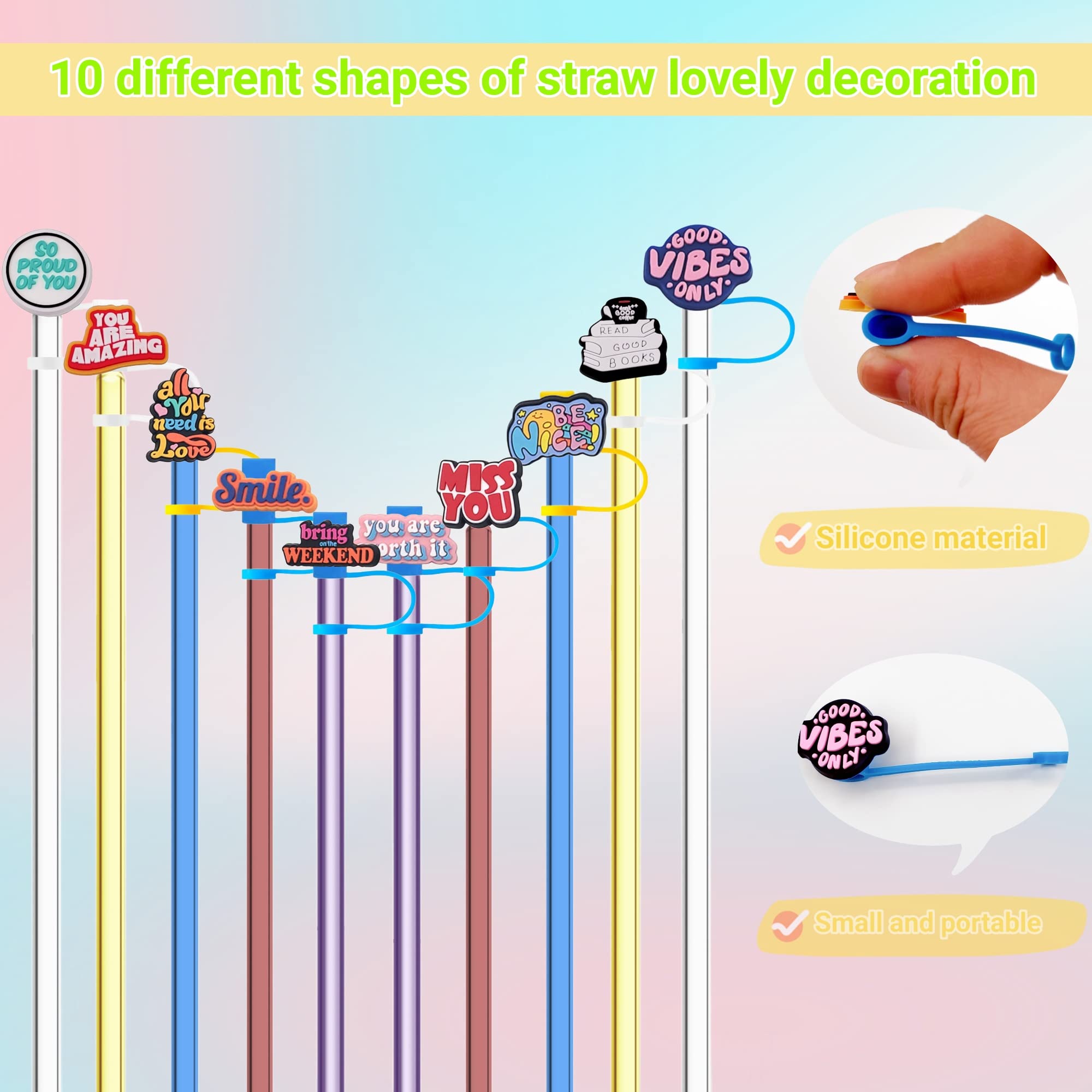 COOTRUKER 10pcs Reusable Straws Covers Caps Straw Toppers for Tumblers Cute Drinking Silicone Straw Tips Lids for 6-8 mm Straws Plugs Party Supplies