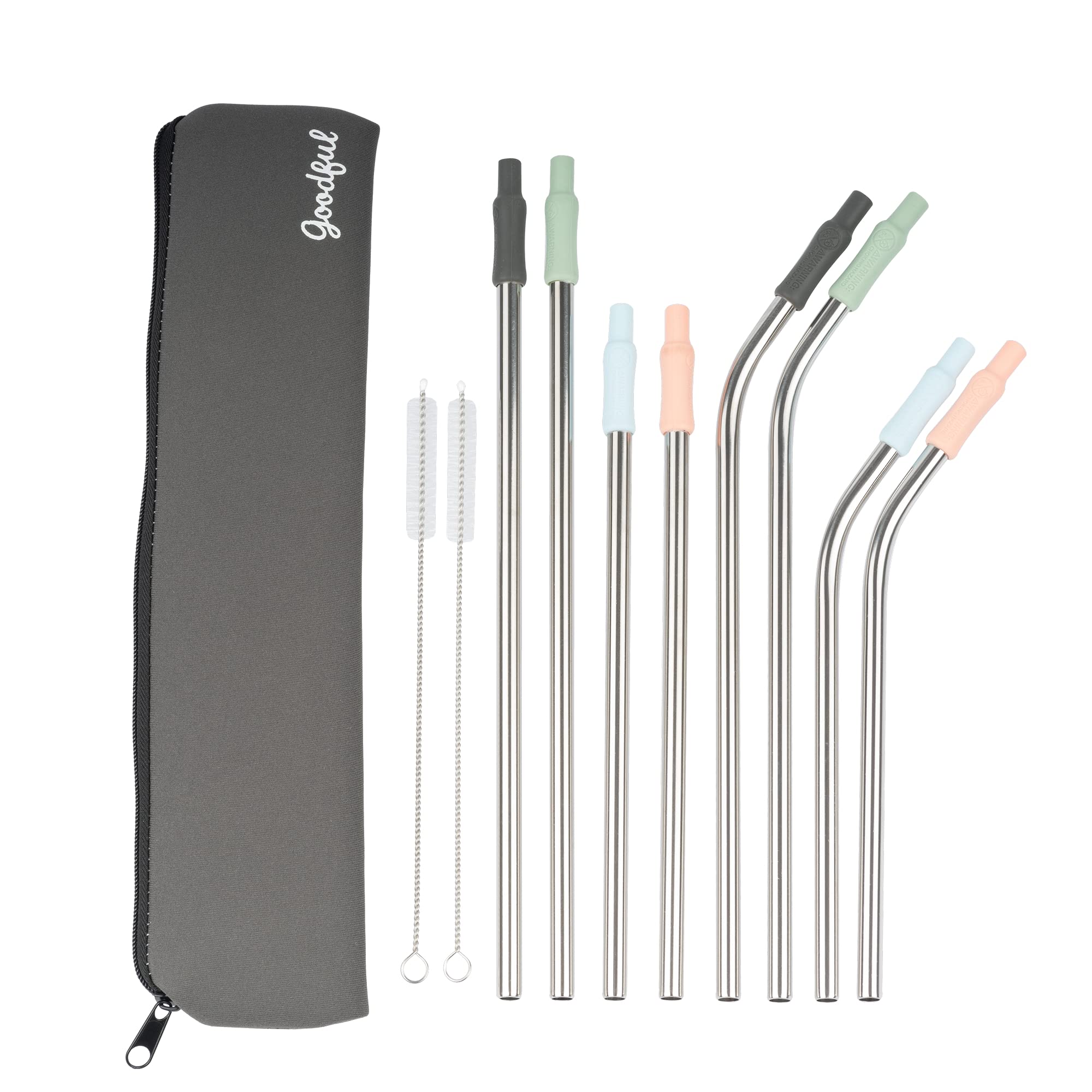 Goodful 8 Piece Variety Pack Reusable Travel Stainless Steel Straw Set, Travel Case, Cleaning Brushes, Removeable Silicone Tips, Multi Color