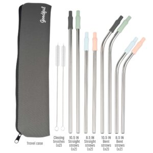 Goodful 8 Piece Variety Pack Reusable Travel Stainless Steel Straw Set, Travel Case, Cleaning Brushes, Removeable Silicone Tips, Multi Color