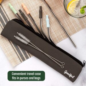 Goodful 8 Piece Variety Pack Reusable Travel Stainless Steel Straw Set, Travel Case, Cleaning Brushes, Removeable Silicone Tips, Multi Color