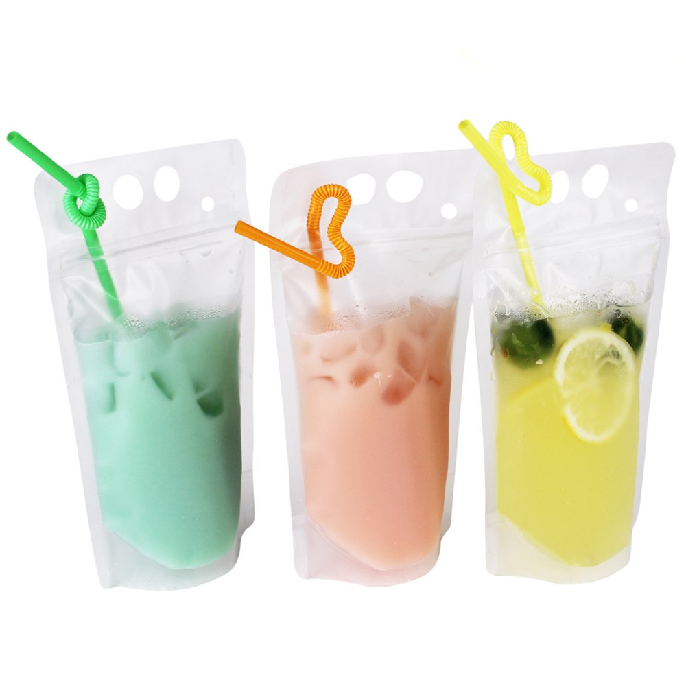 Belinlen 100 Pack 9.1 x 5.2 Inch/17 Ounce 8mil Clear Drink Pouches with Heavy Duty Hand-held Translucent Reclosable Zipper Stand-up Plastic Pouches Bags Drinking Bag 2.4 Inch Bottom Gusset with Straws