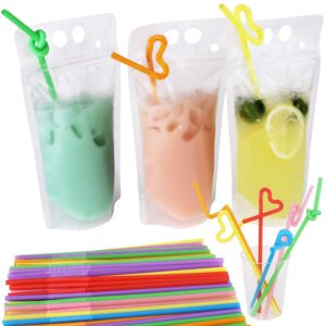 belinlen 100 pack 9.1 x 5.2 inch/17 ounce 8mil clear drink pouches with heavy duty hand-held translucent reclosable zipper stand-up plastic pouches bags drinking bag 2.4 inch bottom gusset with straws