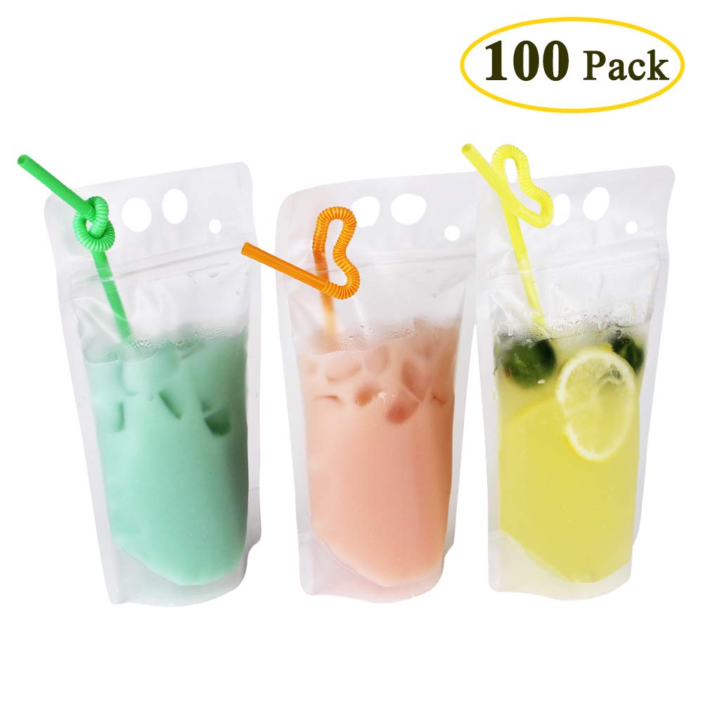 Belinlen 100 Pack 9.1 x 5.2 Inch/17 Ounce 8mil Clear Drink Pouches with Heavy Duty Hand-held Translucent Reclosable Zipper Stand-up Plastic Pouches Bags Drinking Bag 2.4 Inch Bottom Gusset with Straws