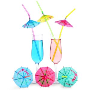 300 pcs umbrella parasol drinking straws luau party decorations bendable hawaiian cocktail straws with umbrella disposable drinking straws for summer beach, hawaiian party decorations