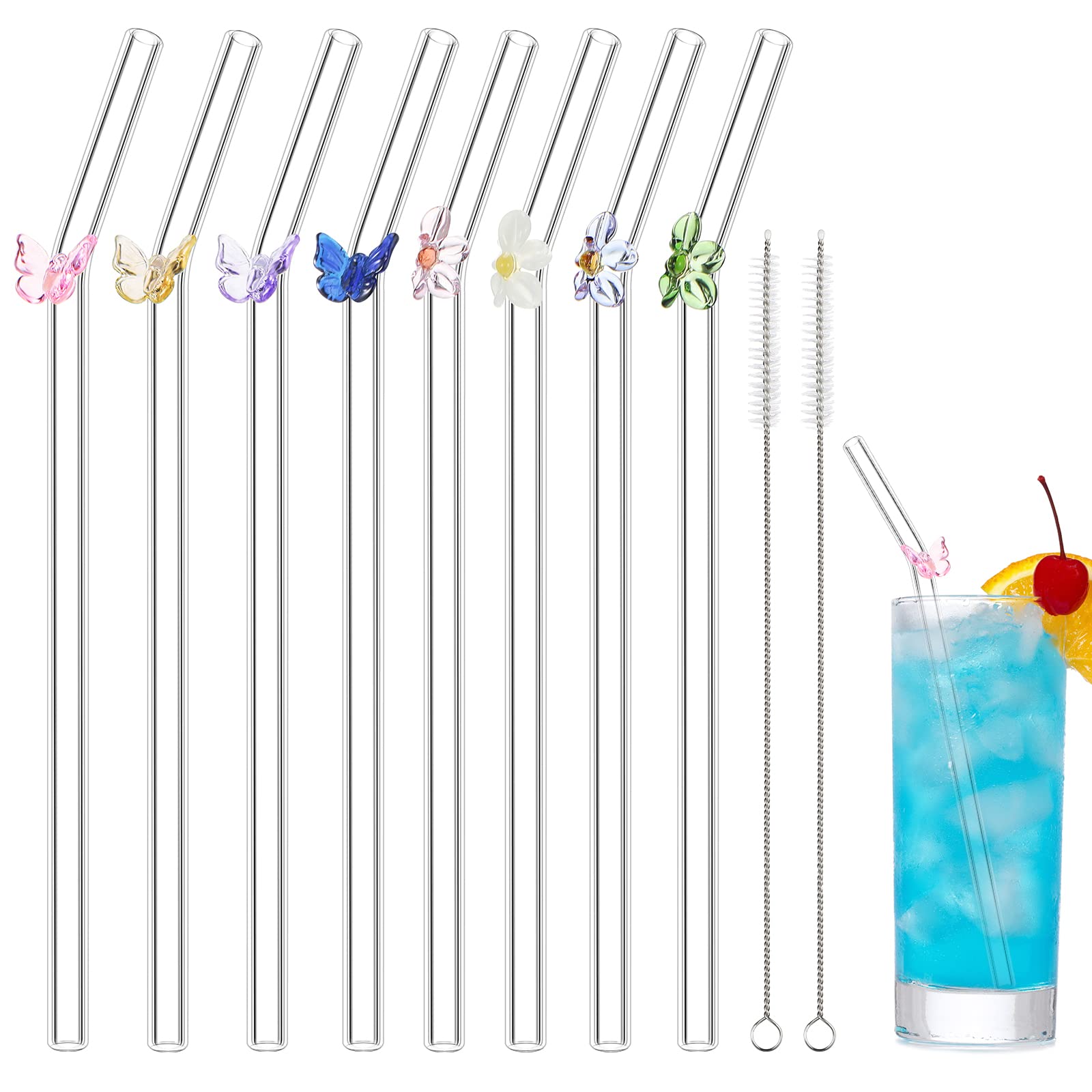 8 Pcs Reusable Glass Straws with Flower Butterfly Glass Straws Clear Shatter Resistant Bent Straws Colorful Floral Straws Cute Reusable Straws with 2 Pcs Straw Brush for Party Drink Cocktail