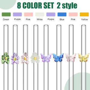 8 Pcs Reusable Glass Straws with Flower Butterfly Glass Straws Clear Shatter Resistant Bent Straws Colorful Floral Straws Cute Reusable Straws with 2 Pcs Straw Brush for Party Drink Cocktail