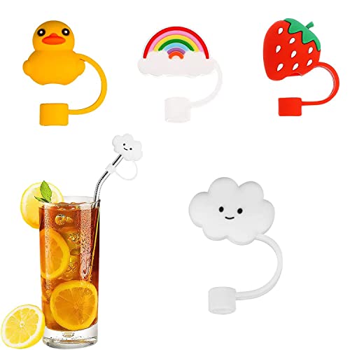 4Pcs Silicone Straw Covers Cap, Straw Tips Cover Straw Covers Cap for Reusable Straws Cloud Shape Straw Protector. The Clouds, Rainbow, Strawberry, Duck.