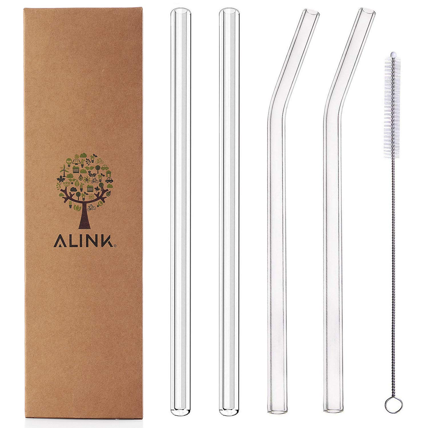 ALINK Clear Glass Straws, 9 in X 10 mm Reusable Straight & Bent Smoothie Straws, Set of 4 with Cleaning Brush