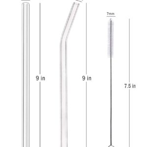 ALINK Clear Glass Straws, 9 in X 10 mm Reusable Straight & Bent Smoothie Straws, Set of 4 with Cleaning Brush