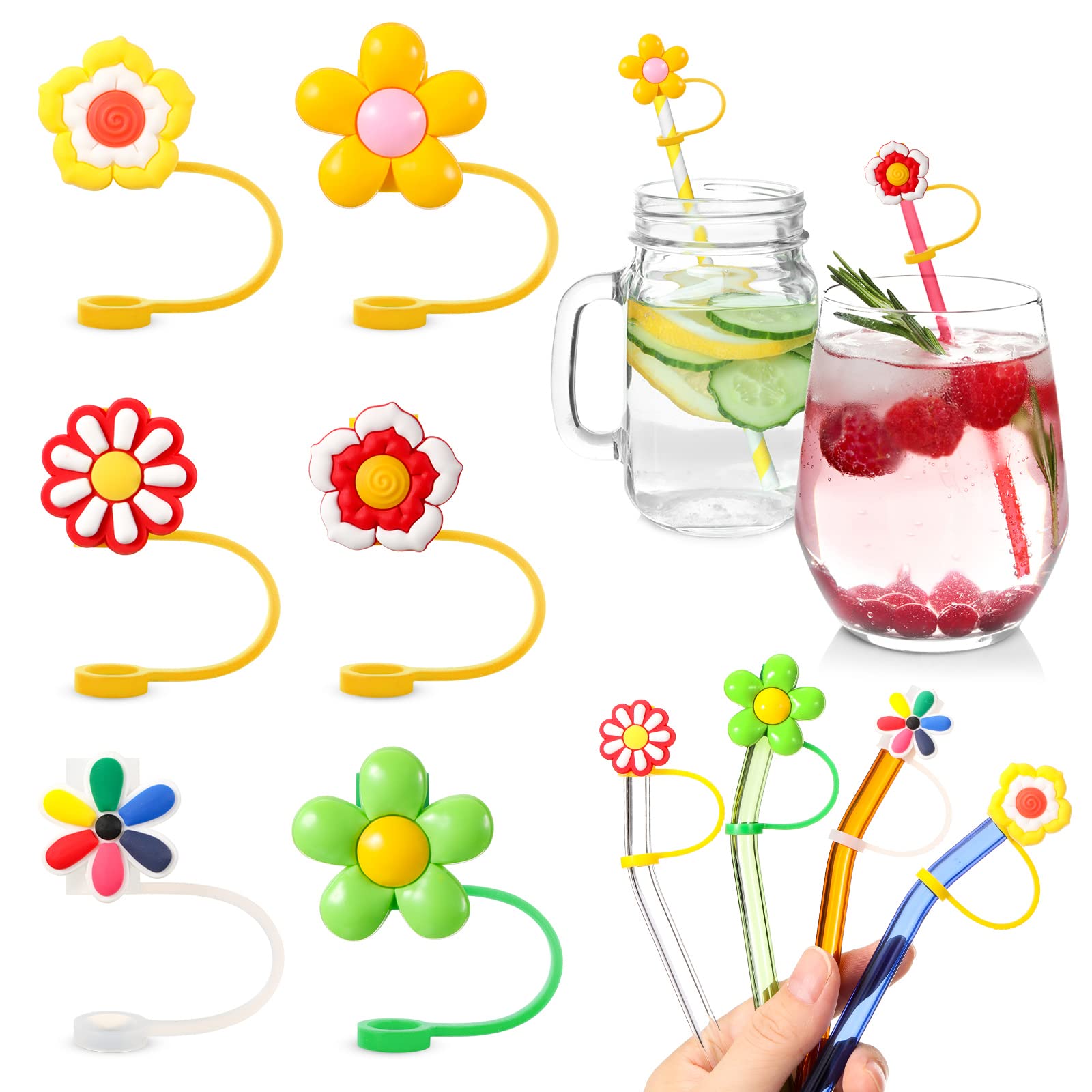 6 Pieces Straw Covers Cap Silicone Straw Tips Cover Straw Toppers for Reusable Straws Drinking Straw Lids Cute Dust-proof Straw Plug for 6-8 mm(1/4 Inch) Straw Travel Home Outdoor (Flower)