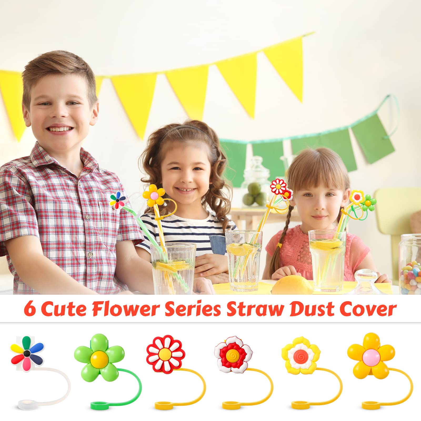 6 Pieces Straw Covers Cap Silicone Straw Tips Cover Straw Toppers for Reusable Straws Drinking Straw Lids Cute Dust-proof Straw Plug for 6-8 mm(1/4 Inch) Straw Travel Home Outdoor (Flower)