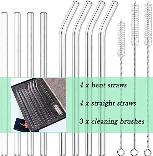 8pcs Glass Drinking Straws, Straight 9 inches x 10mm Bent 8.2 inches x 10mm, Reusable for Hot or Cold Drinks, Eco Friendly, Cleaning Brushes Included