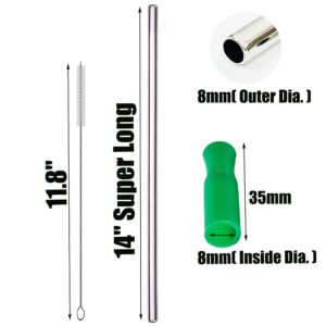 Wobye 4 Pieces 14" Extra Long 0.32" Big Wide Reusable Stainless Steel Metal Straws with Cleaning Brush & Silicone Tip for 128 100 75 64 40 oz Large Water Bottle, Tall Tumbler, Wine Bottle