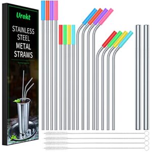 18-pack reusable stainless steel straws with soft silicone tips, urekt 8.5" and 10.5" long metal drinking straw set with 2pcs 0.4“ extra wide boba straws, 4 cleaning brushes included