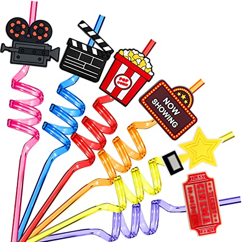 24 Pack Movie Night Party Supplies Movie Night Drinking Straws PET Projector Popcorn Trophy Drinking Straws Plastic Straws Red Carpet Party Decorations for Movie Night Party Favors