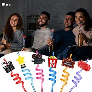 24 Pack Movie Night Party Supplies Movie Night Drinking Straws PET Projector Popcorn Trophy Drinking Straws Plastic Straws Red Carpet Party Decorations for Movie Night Party Favors