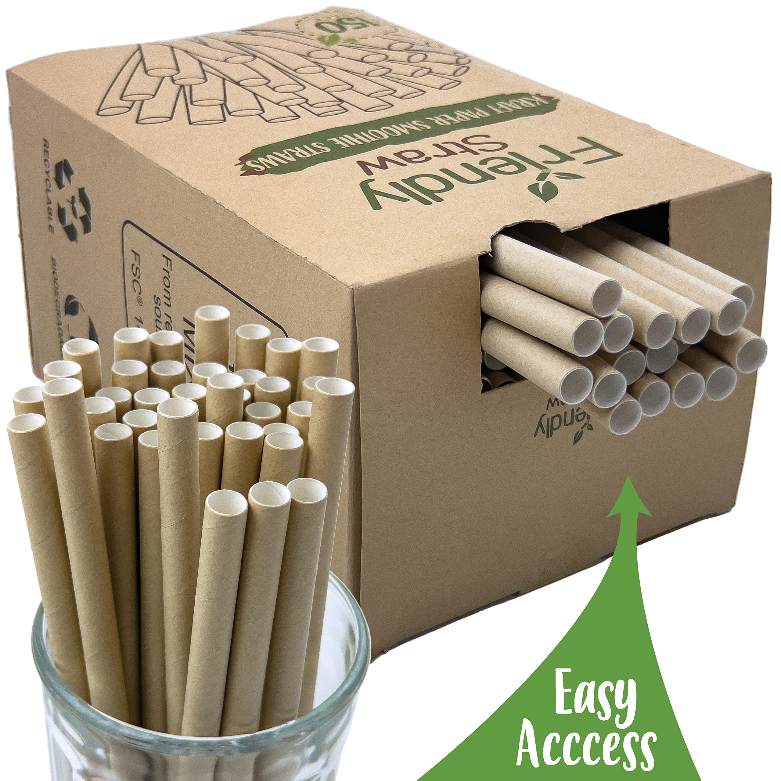 Friendly Straw 150 Pack Biodegradable Jumbo Smoothie and Milkshake Straws, 7.75" x .4" Extra Wide Disposable Kraft Paper Straws Bulk Pack