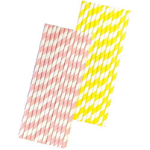 Striped Paper Straws - Light Blush Pink Yellow White - 7.75 Inches - Pack of 50 Outside the Box Papers Brand