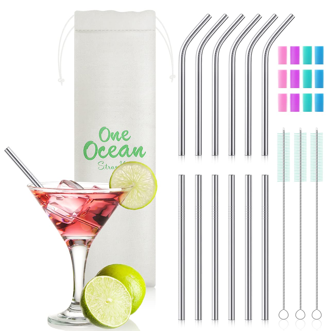 Teivio 12 Pcs 5-inch Extra Short Reusable Stainless Steel Drink Straws, 6 Pcs Straight Straws & 6 Pcs Bent Straws with 3 Cleaning Brush, for Cocktails Small Glasses or Cups (Silver)