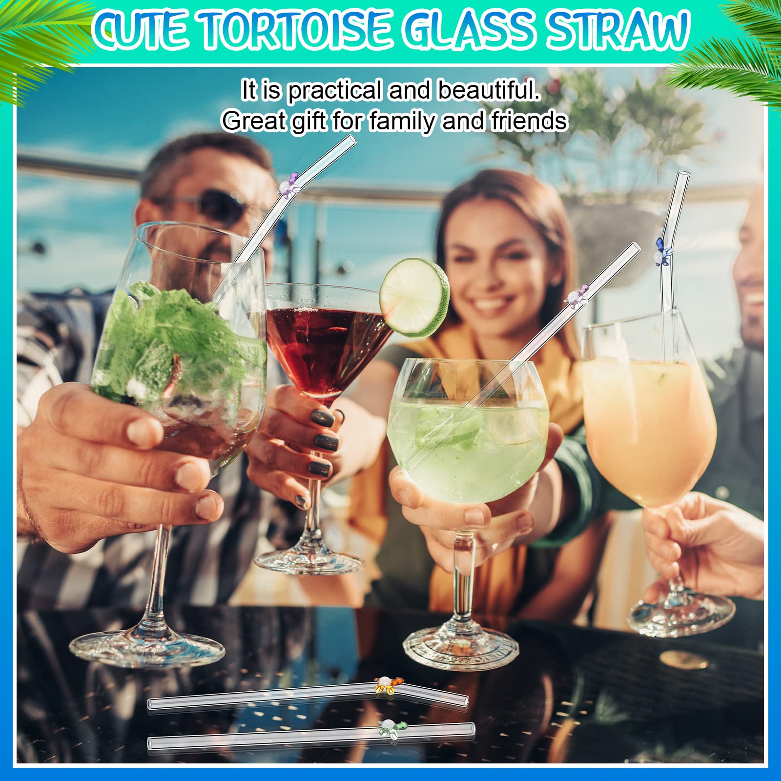 8 Pcs Reusable Glass Straws Shatter Resistant Straws with Design Colorful Cute 8'' Bend Drinking Glass Straws for Cocktail with 2 Cleaning Brushes (Turtle)