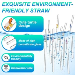 8 Pcs Reusable Glass Straws Shatter Resistant Straws with Design Colorful Cute 8'' Bend Drinking Glass Straws for Cocktail with 2 Cleaning Brushes (Turtle)