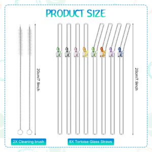 8 Pcs Reusable Glass Straws Shatter Resistant Straws with Design Colorful Cute 8'' Bend Drinking Glass Straws for Cocktail with 2 Cleaning Brushes (Turtle)