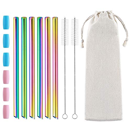 6 Pcs Reusable Boba Straws Smoothie Straws, 0.5" Wide Stainless Steel Straws, Angled Tips Metal Straws for Bubble Tea, Milkshakes, Smoothies with Cleanning Brush & Case (Rainbow)