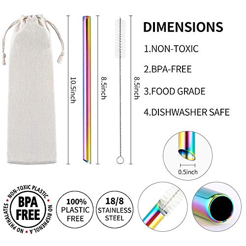 6 Pcs Reusable Boba Straws Smoothie Straws, 0.5" Wide Stainless Steel Straws, Angled Tips Metal Straws for Bubble Tea, Milkshakes, Smoothies with Cleanning Brush & Case (Rainbow)