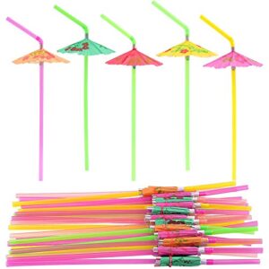 fepito 58 pcs umbrella drinking straws reusable，parasol bendy reusable drinking straws for hawaiian beach cocktail luau tropical party decorations supplies