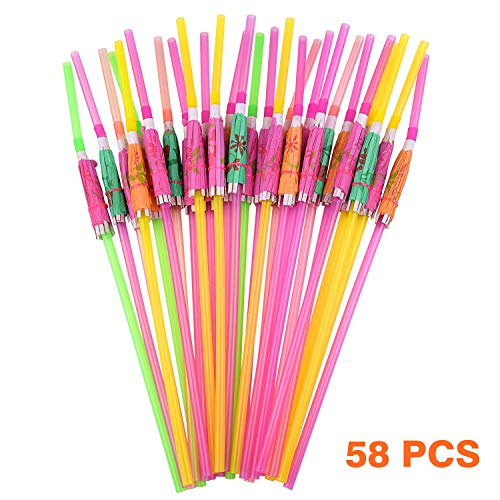 FEPITO 58 PCS Umbrella Drinking Straws Reusable，Parasol Bendy Reusable Drinking Straws for Hawaiian Beach Cocktail Luau Tropical Party Decorations Supplies