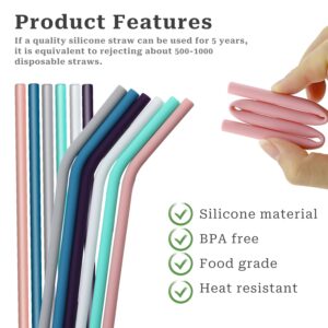 12 Pcs Reusable Silicone Straws, 10 inch Extra Long Silicone Drinking Straws for 30 oz and 20 oz Tumblers, Multicolor Straw with 2 Cleaning Brushes and 1 Bag (6 Straight + 6 Bent)