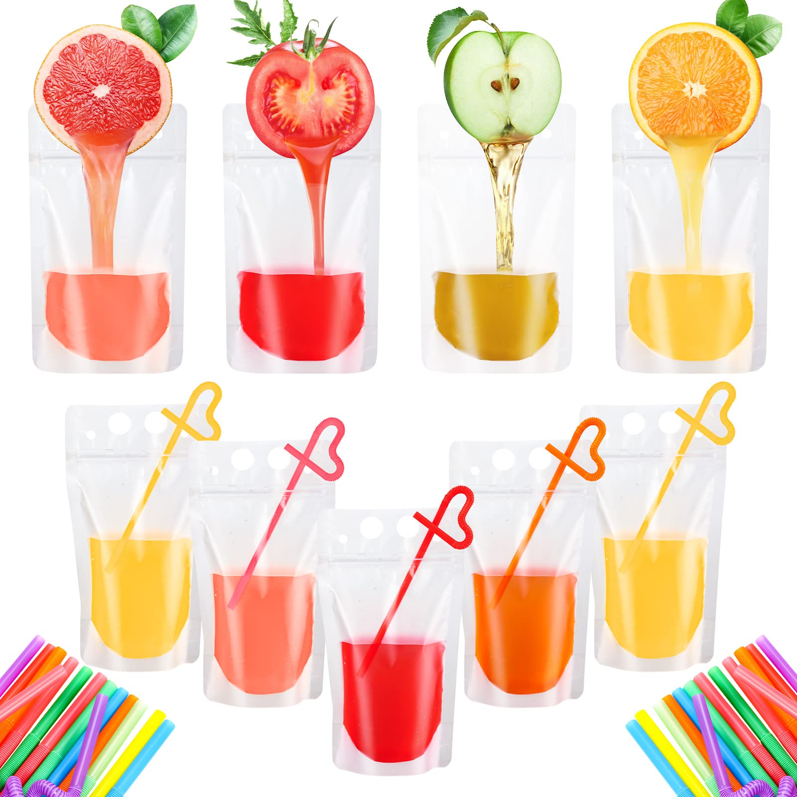 300 Pieces Drink Pouches Adult with Straws Set, Heavy Duty Hand Held Translucent Reclosable Plastic Smoothie Bags Disposable Wine Juice Pouches for Cold Hot Drinks, 400 - 500 ml