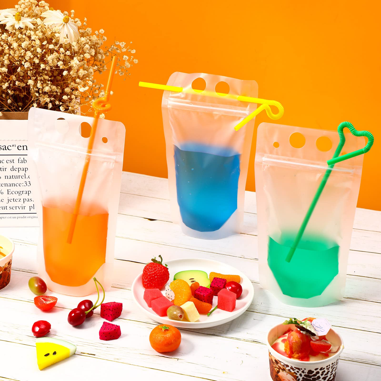 300 Pieces Drink Pouches Adult with Straws Set, Heavy Duty Hand Held Translucent Reclosable Plastic Smoothie Bags Disposable Wine Juice Pouches for Cold Hot Drinks, 400 - 500 ml