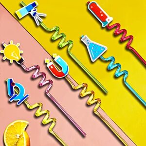 24pcs Science Theme Shaped Straws Reusable Plastic, Drink Cocktail Straws with Cartoon Decorations Kids Mad Scientist Party Supplies Birthday Party Favors