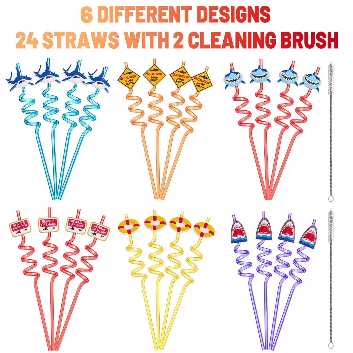 24Pcs Reusable Shark Straws -Plastic Crazy Straws Ocean Sea Birthday Party Favors Supplies with 2Pcs Cleaning Brush for Kids Boys Girls Gifts