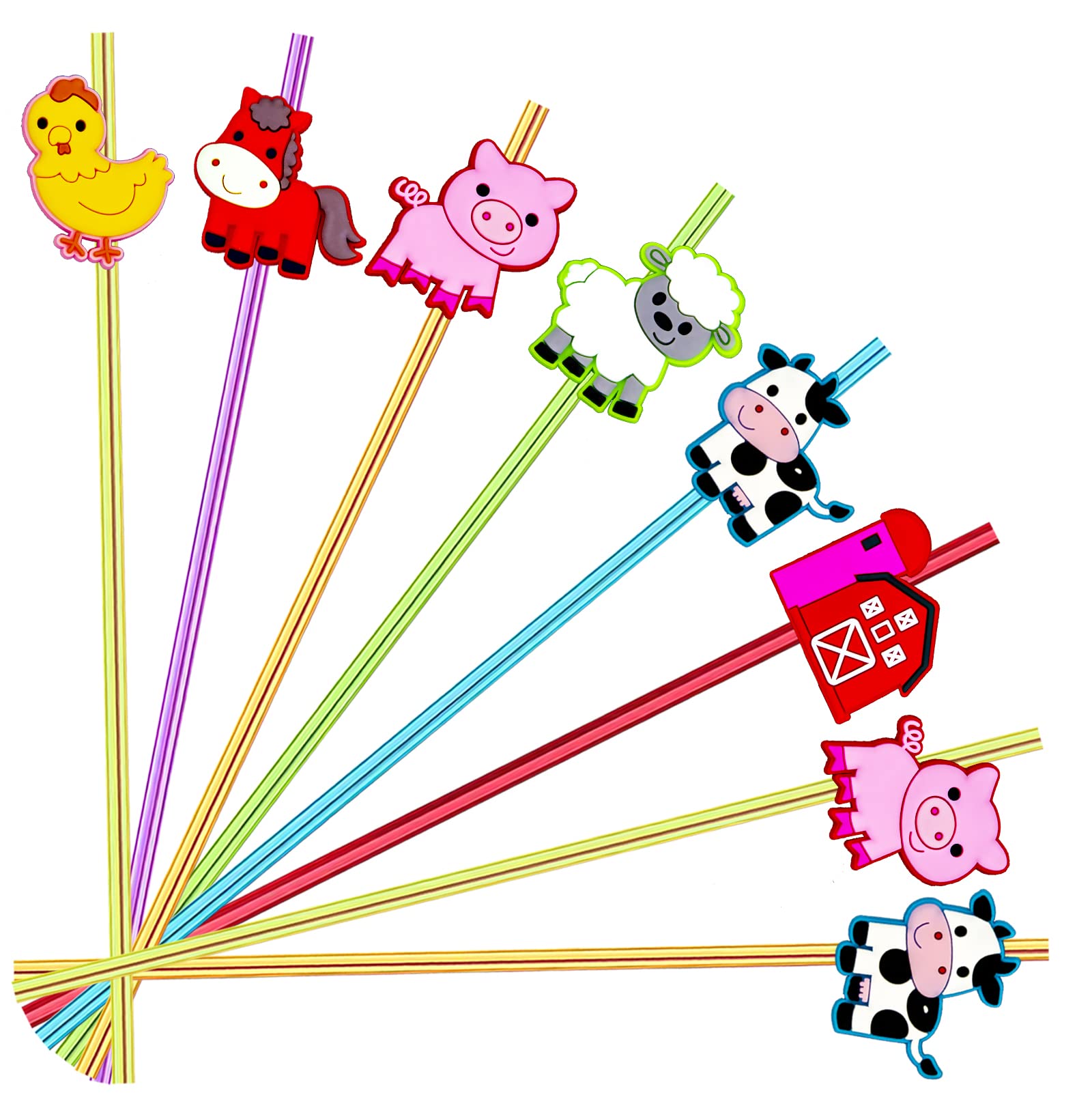 24pcs Reusable Farm Animals Party Favor Plastic Straws Kids Drink Cocktail Straws Chicken Sheep Horse Cow Pig Farm Birthday Party Supplies With 2 Cleaning Brushes 6 Colors