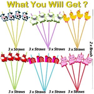 24pcs Reusable Farm Animals Party Favor Plastic Straws Kids Drink Cocktail Straws Chicken Sheep Horse Cow Pig Farm Birthday Party Supplies With 2 Cleaning Brushes 6 Colors