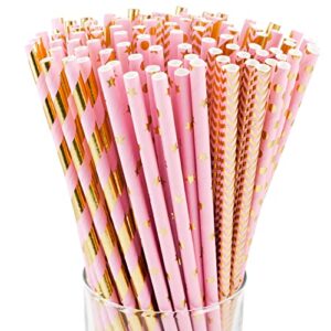 kedon pink gold paper straws 100, disposable cake pop sticks metallic gold striped star decorative pink straws for drinking cocktail bachelorette wedding crafts baby bridal shower gender reveal