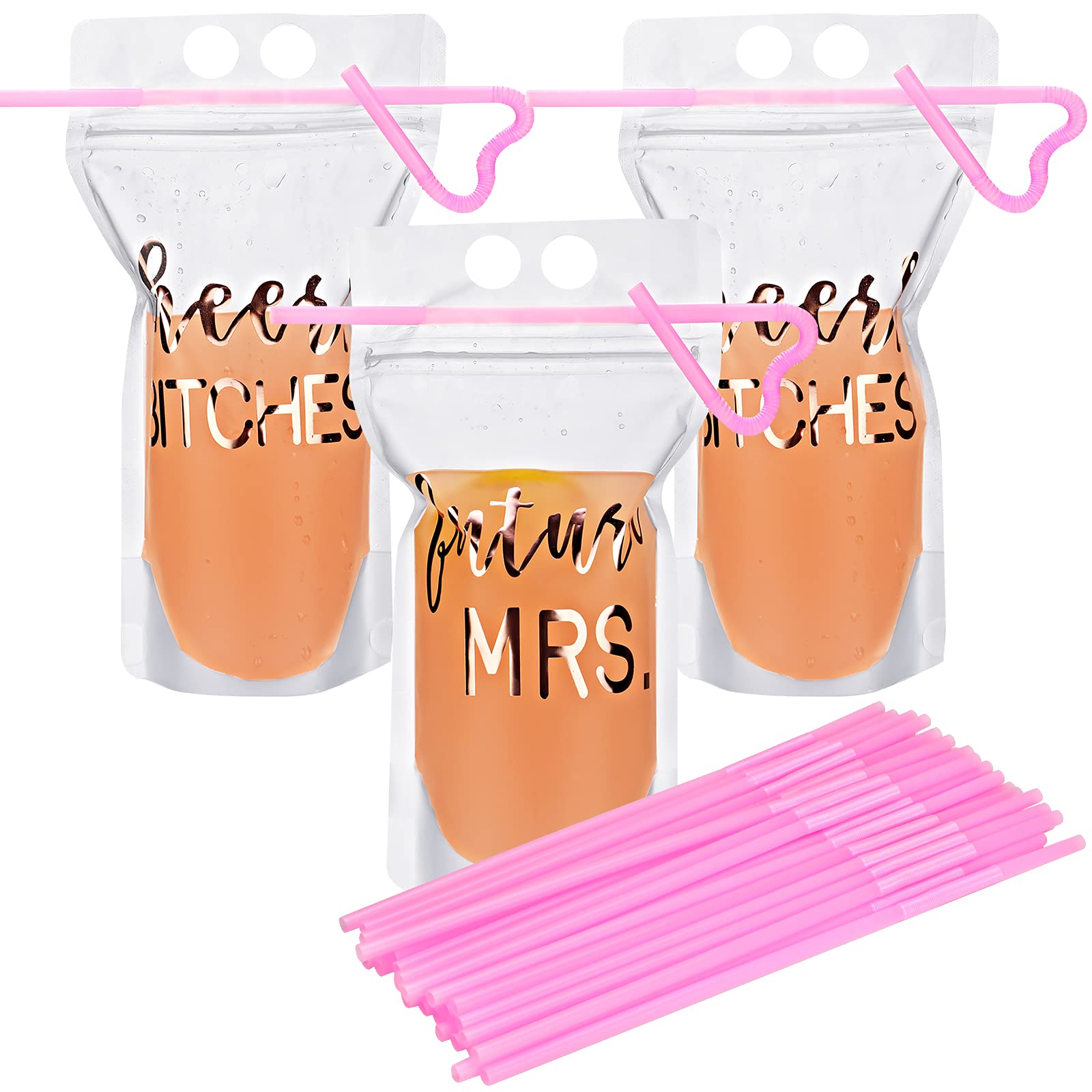 Patelai 16 Pcs Bachelorette Drink Pouch Cup with Straw 17 Oz Disposable Juice Pouches Disposable Cups for Weddings and Bridal Showers(Classic Style)