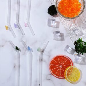 eBoot 6 Pcs Reusable Glass Straws Bent with Design, 8 mm x 7.9 in Colorful Clear Straws Glass with Cleaning Brush for Smoothie Cocktail Juice Shakes Beverages (Bright Colors, Butterfly)