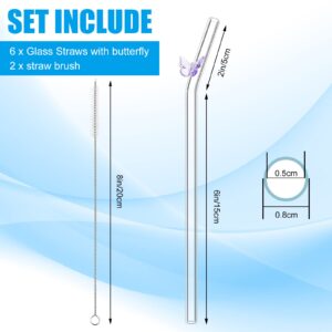 eBoot 6 Pcs Reusable Glass Straws Bent with Design, 8 mm x 7.9 in Colorful Clear Straws Glass with Cleaning Brush for Smoothie Cocktail Juice Shakes Beverages (Bright Colors, Butterfly)